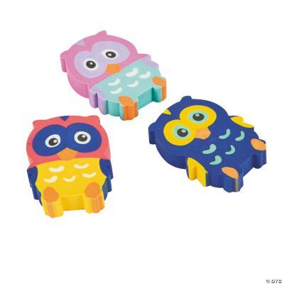 1 1/2" Assorted Colors Owl-Shaped Rubber Erasers - 24 Pc.