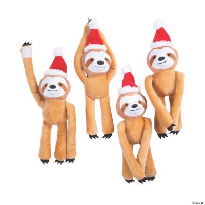 11" Christmas Long Arm Stuffed Sloths with Santa Hats - 12 Pc.