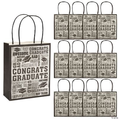 7 1/4" x 9" Medium Congrats Graduate White & Black Paper Gift Bags - 12 ...