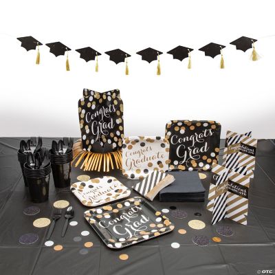 143 Pc. Black & Gold Congrats Grad Graduation Party Tableware Kit for 8 ...