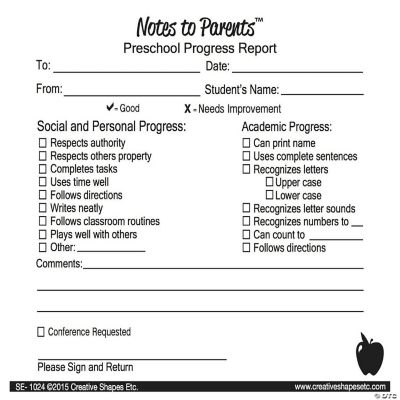 Creative Shapes Etc. - Preschool Progress Report - Notes To Parents ...