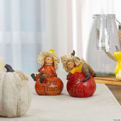 Set of 2 Scarecrow on a Pumpkin Thanksgiving Table Figures