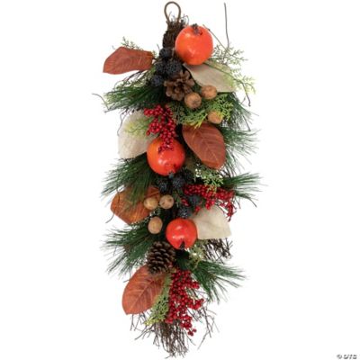 30" Autumn Harvest Mixed Berry and Pine Needle Artificial Teardrop Swag ...