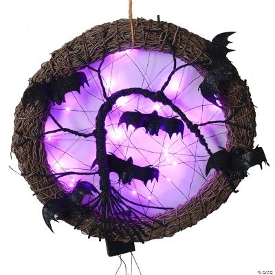 15" LED Lighted Rattan with Bats Halloween Wreath - Purple Lights