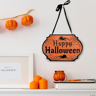 10" Orange and Black "Happy Halloween" Cauldron Pot Metal Wall Sign