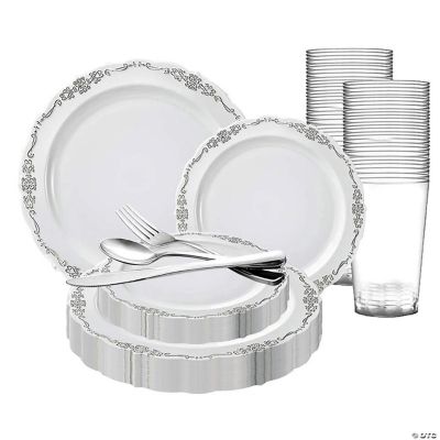 White with Silver Vintage Rim Round Disposable Plastic Dinnerware Value ...