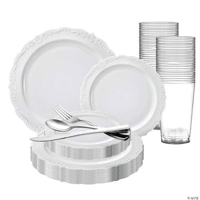 White Vintage Round Disposable Plastic Dinnerware Value Set (60 ...