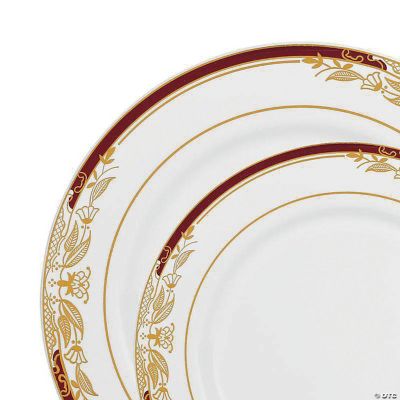 White with Burgundy and Gold Harmony Rim Plastic Dinnerware Value Set ...