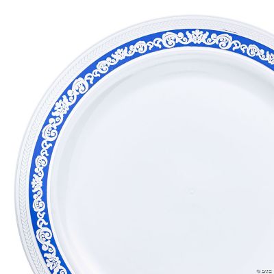 10.25" White with Blue and Silver Royal Rim Plastic Dinner Plates (40 ...