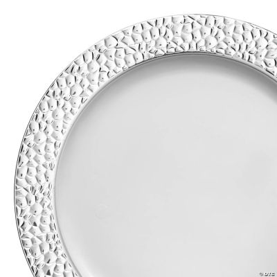 10.25" White with Silver Hammered Rim Round Plastic Dinner Plates (40 ...
