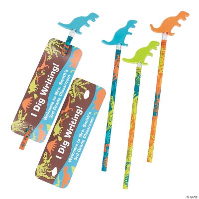 24 Pc. 7 1/2" Dinosaur Party Pencils & Erasers with Personalized Cards ...