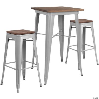 Emma + Oliver 23.5" Square Silver Metal/Wood Bar Table Set - 2 Backless ...