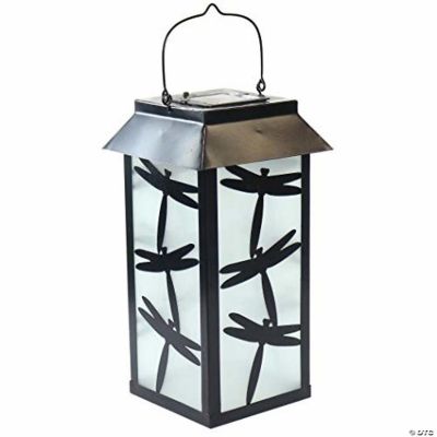 Alpine Metal Backyard Solar Powered Lantern, Dragonfly Pattern, 13.5 Inches