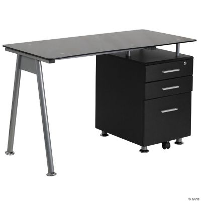 Emma + Oliver Black Glass Computer Desk with Three Drawer Pedestal ...