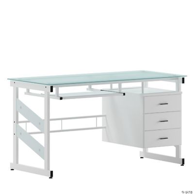 Emma + Oliver White Computer Desk with Frosted Glass Top and 3-Drawer ...