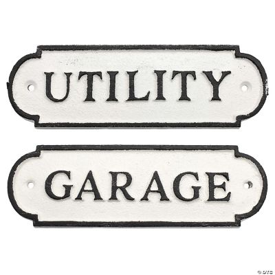 AuldHome Cast Iron Garage / Utility Signs (Set of 2); Black and White ...