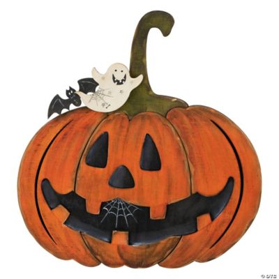 12.5" Jack-O-Lantern with Ghost and Bat Halloween Decoration
