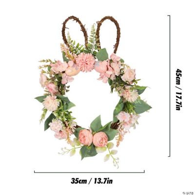 DIY Rattan Rabbit Wreath with Ears - Pink Flowers and Green Leaves ...