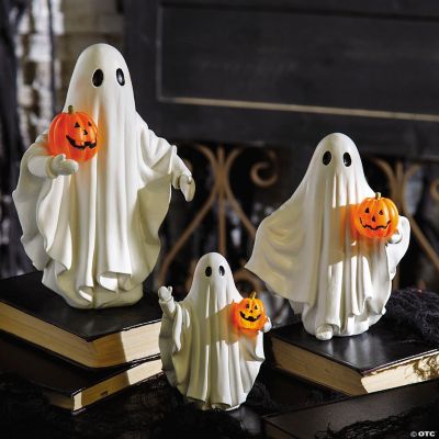 9 3/4" White Ghosts Holding Light-Up Jack-O'-Lanterns Resin Tabletop Decoration - 3 Pc ...