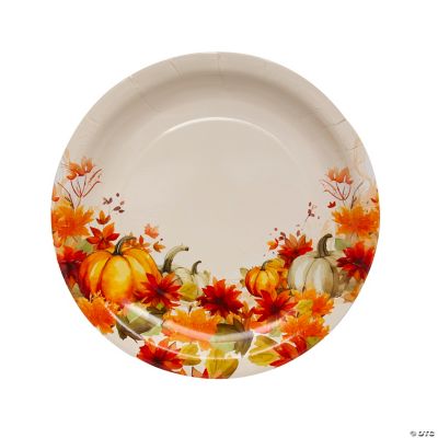 9" Autumn Watercolor Pumpkins & Floral Round Paper Dinner Plates - 8 Ct.