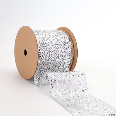 LaRibbons 4" Sequin Wired Ribbon - Silver - 10 Yard Roll | Oriental Trading