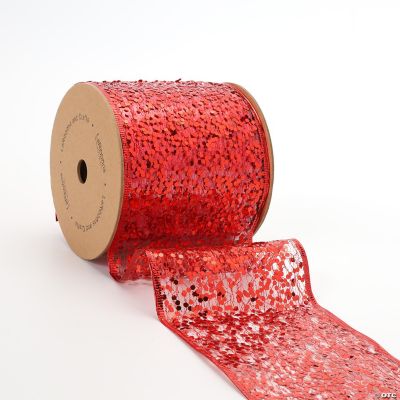 LaRibbons 4" Sequin Wired Ribbon - Red - 10 Yard Roll | Oriental Trading