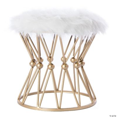 Fabulaxe Round Gold Metal Stool with White Fur Top | Oriental Trading