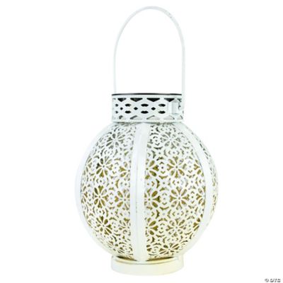 7" White Integrated Floral Pattern Outdoor Solar Lantern with Handle ...
