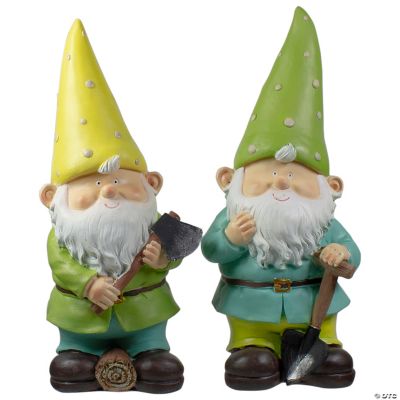 Set of 2 Green and Yellow Gnome Outdoor Garden Statues 12.25"