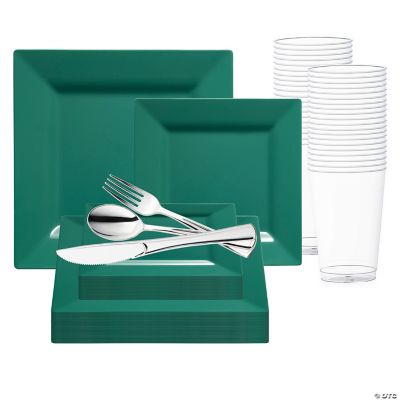 Hunter Green Square Plastic Plates Wedding Value Set - 20 Settings ...