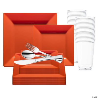 Burnt Orange Square Plastic Plates Wedding Value Set - 20 Settings