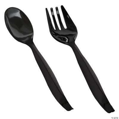 Black Disposable Plastic Serving Flatware Set - 5 Serving Spoons and 5 Serving Forks - 150 Pairs