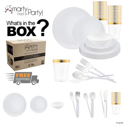 White with Silver Organic Disposable Plastic Tableware Set - 60 Settings