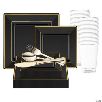 Black with Gold Square Edge Rim Plastic Wedding Value Set - 120 Settings
