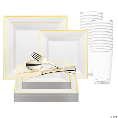 White with Gold Square Edge Rim Plastic Wedding Value Set - 120 Settings