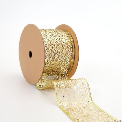 LaRibbons 3" Sequin Wired Ribbon - Gold - 10 Yard Roll | Oriental Trading