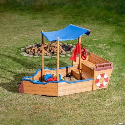 Outsunny Pirate Ship Sandbox with Cover and Rudder, Wooden Sandbox with ...