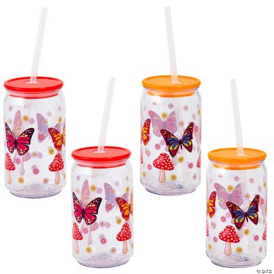 5 1/4" 16 oz. Butterfly & Mushroom Plastic Can Cups with Lids & Straws ...