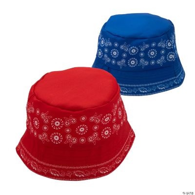 22" circ. Red & Blue Bandana-Print Polyester Bucket Hats - 12 Pc ...
