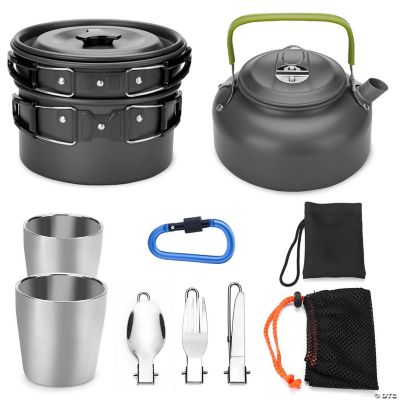 10Pcs Camping Cookware Mess Kit Pot Pan Kettle With 2 Cups