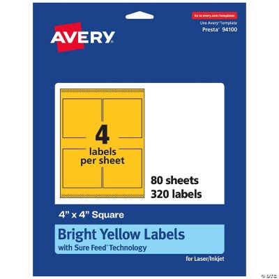 Avery Printable Square Labels, Bright Yellow, 4" x 4", 320ct