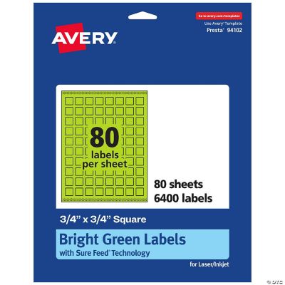 Avery Printable Square Labels, Bright Green, 0.75" x 0.75", 6,400ct | Oriental Trading