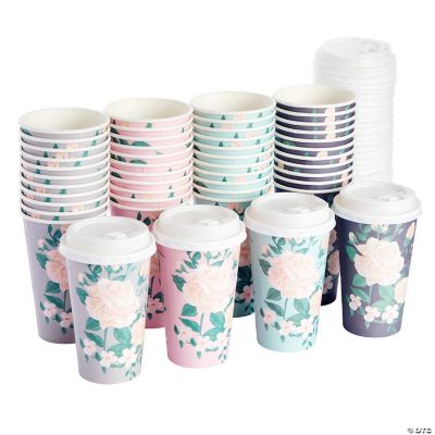 48 Pack Disposable 16oz Coffee Cups with Lids, Floral Paper To Go ...