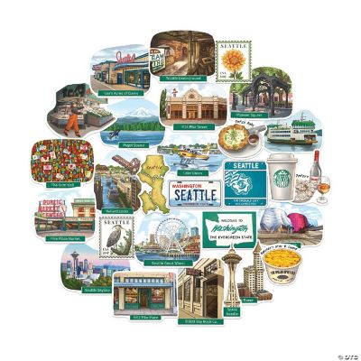 Navy Peony Evergreen Seattle Travel Stickers (28pcs) - Hand-Illustrated ...