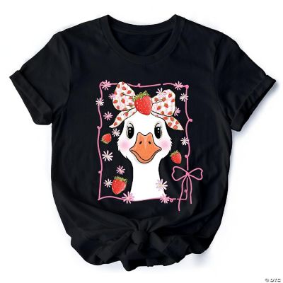 Coquette Goose with Strawberry Bow T-Shirt, Black Cute Tee, Large ...