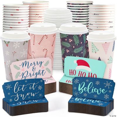 48 Piece Disposable Christmas Coffee Cups with Lids and Sleeves, 16oz ...