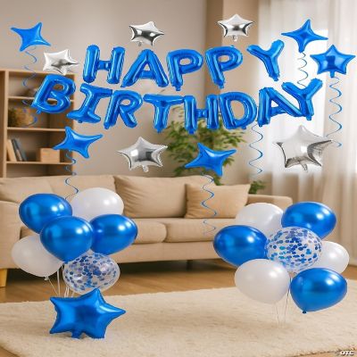 Happy Birthday Balloons Set, Silver & Blue Balloons 52 Piece for ...