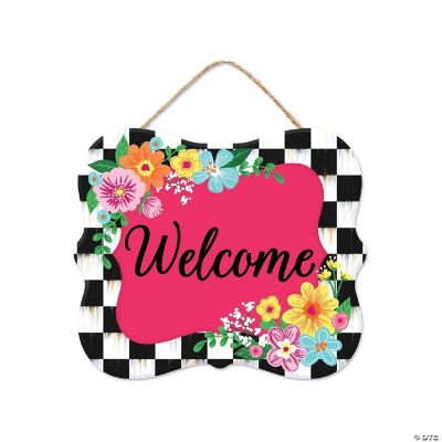 10" Scalloped Wooden Sign: Welcome Hot Pink Checker | Oriental Trading