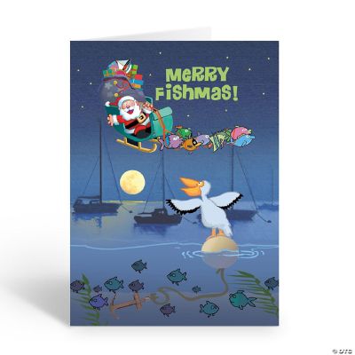 FISHING CHRISTMAS CARD, PELICAN AND SANTA HOLIDAY SCENE, BOATING ...