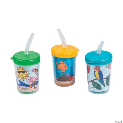 Color Your Own Tropical BPA-Free Plastic Cups with Lids & Straws - 12 Ct.